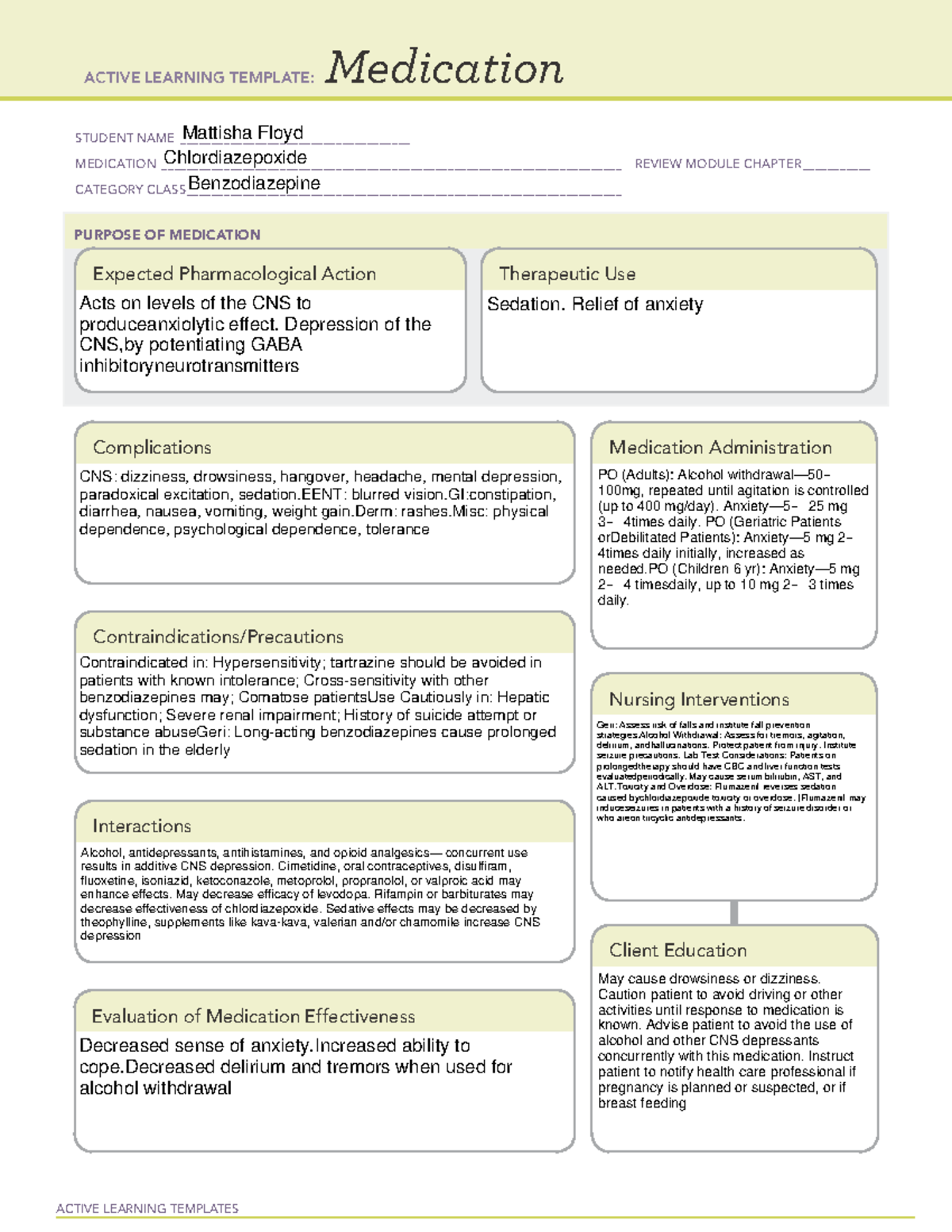 Chlordiazepoxide - Med Cards - ACTIVE LEARNING TEMPLATES Medication ...