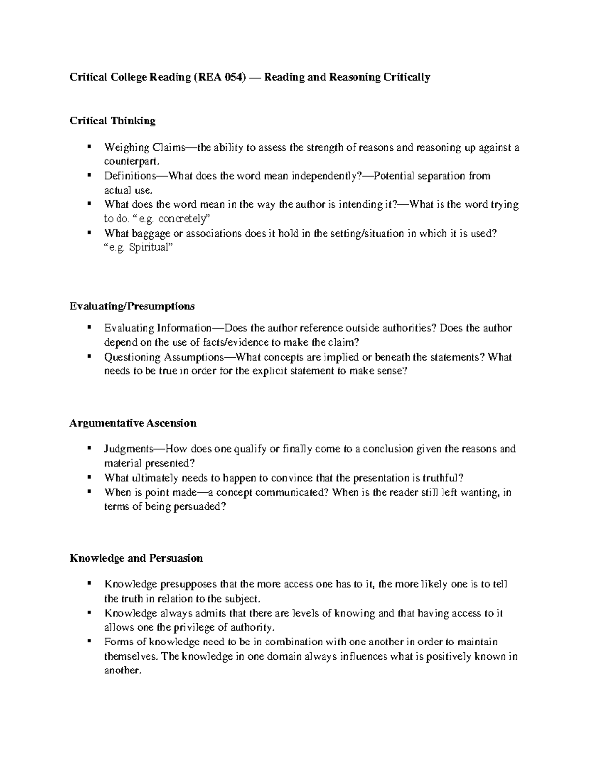 Critical College Reading (REA 054) - Insights on Reasoning and ...