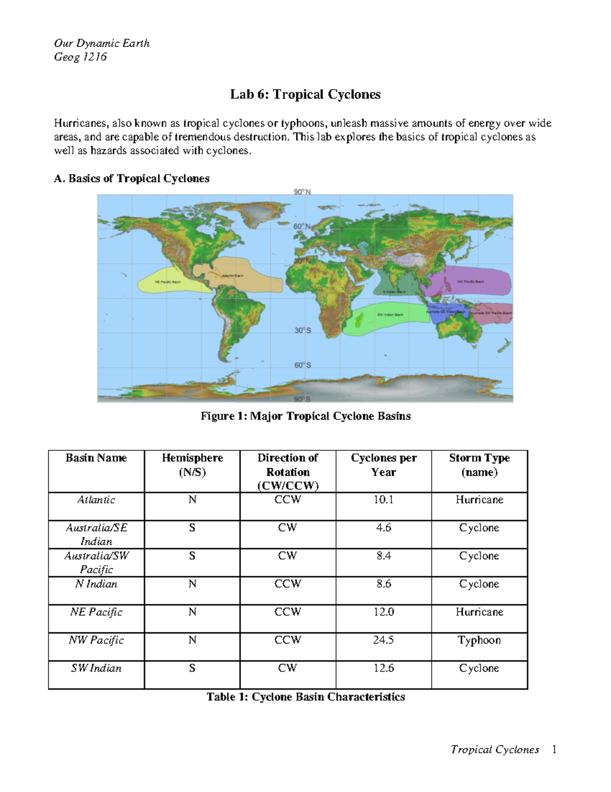 Hurricanes Lab, handout - Geog 1216 Lab 6: Tropical Cyclones Hurricanes ...
