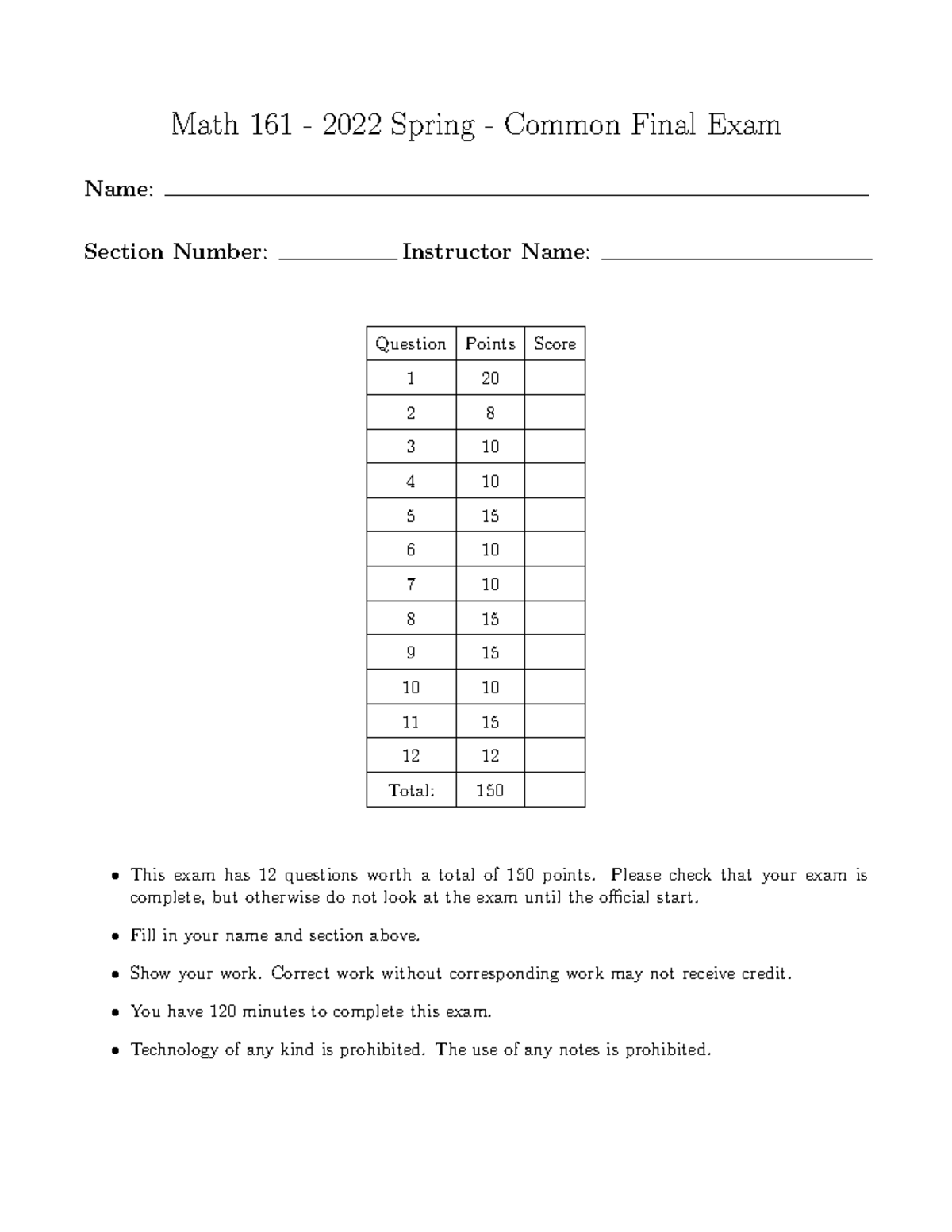 MATH 161 Spring 2022 Common Final Exam Questions Summary - Studocu