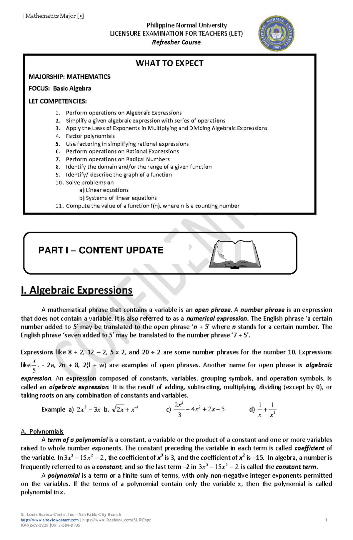 5 Basic Algebra 1 - St. Louis Review Center, Inc – San Pablo City ...