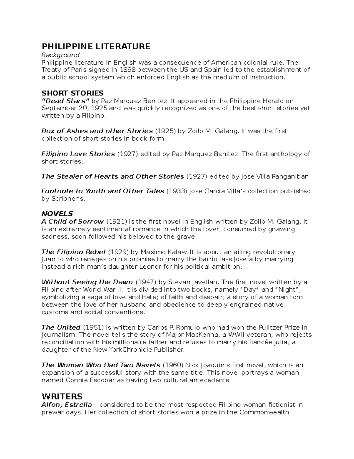 Philippine Literature: Short Stories & Novels Overview - Studocu