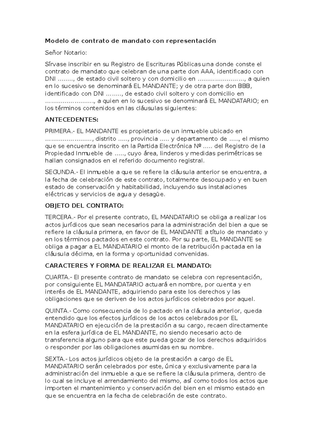 Modelo de Contrato de Mandato con Representación - Legal Document - Studocu
