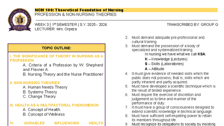 NCM 100: Theoretical Foundations of Nursing - Week 3 Lecture Notes ...