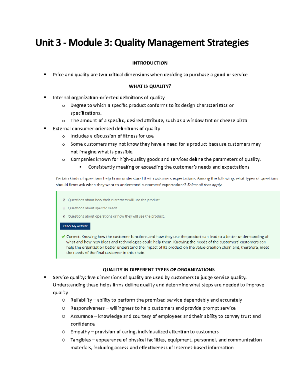 C720 Unit 3 - Quality Management notes - Unit 3 - Module 3: Quality ...