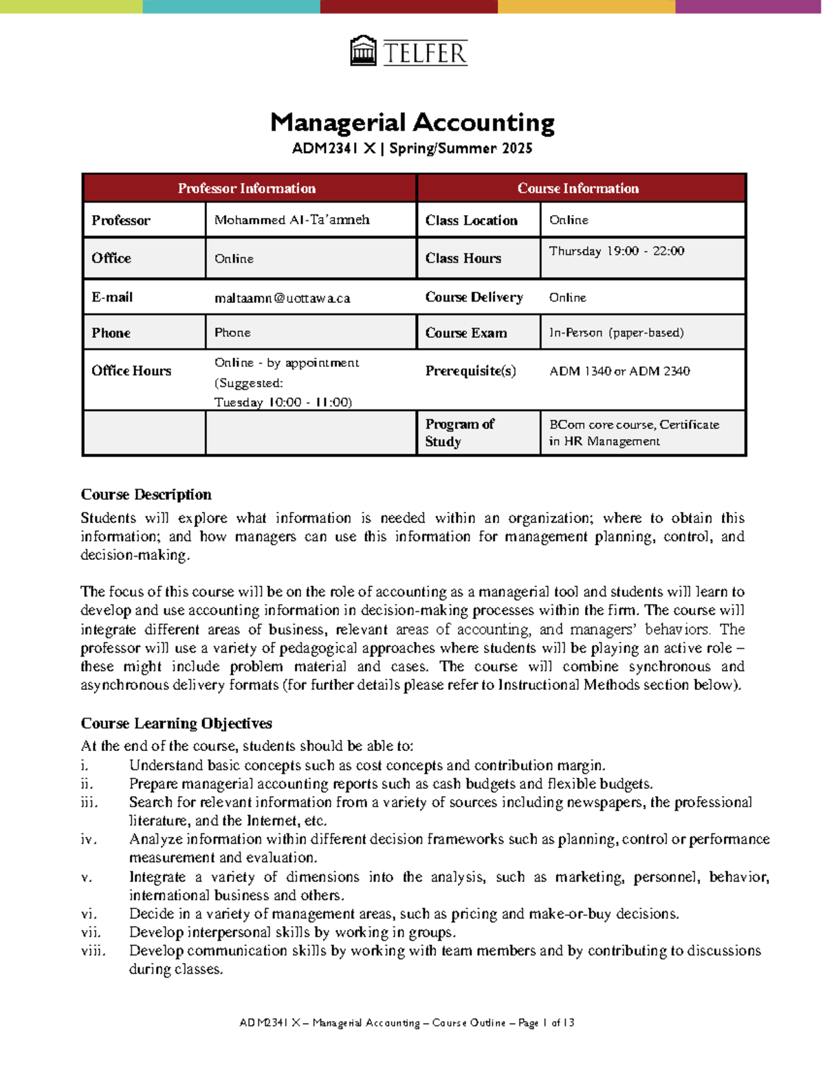 ADM2341 X Managerial Accounting Course Outline - Spring/Summer 2025 ...