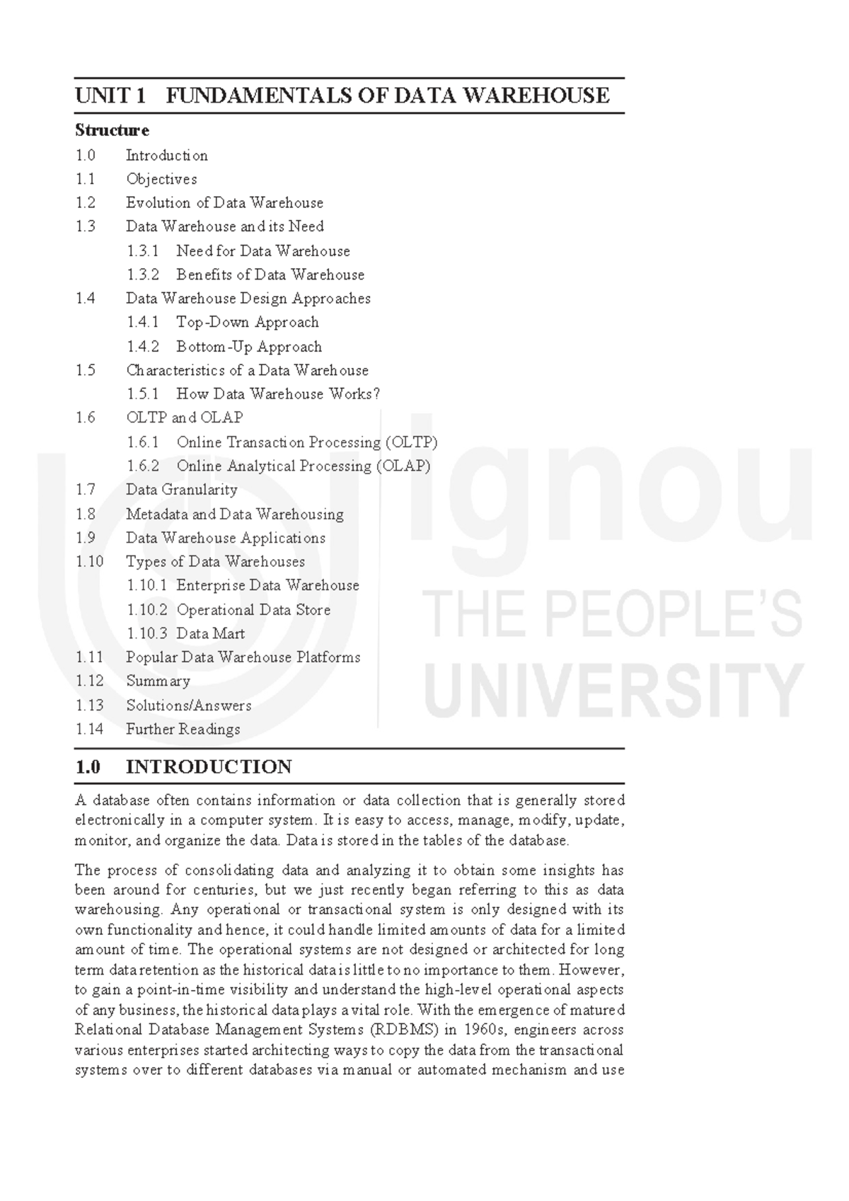 BCA 101: Unit 1 - Fundamentals of Data Warehouse Concepts and ...