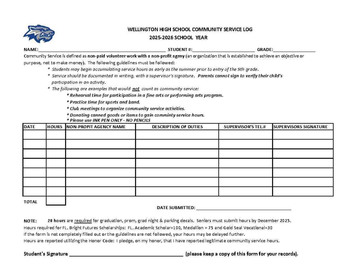 FY26 Community Service Log for Wellington High School Students - Studocu