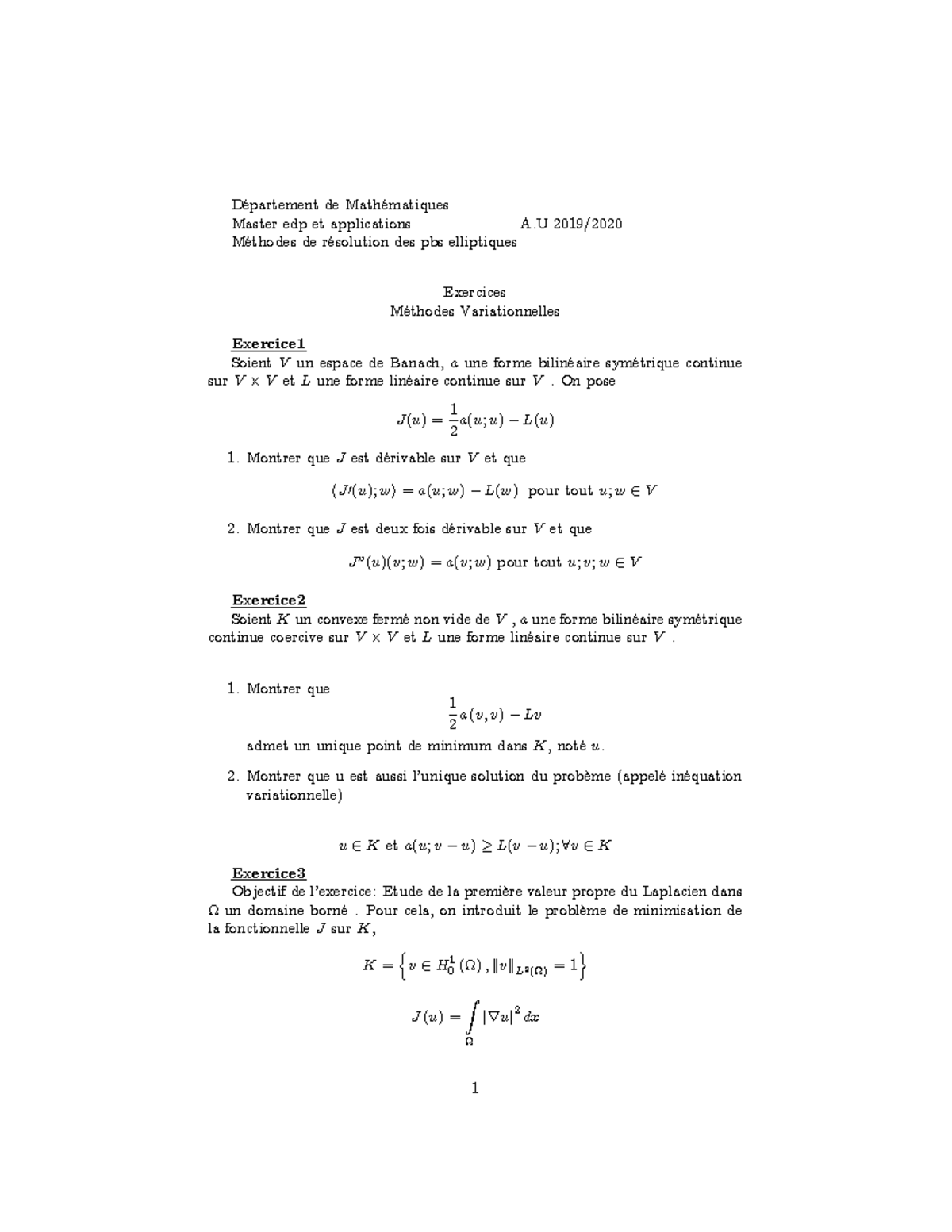 Exercices sur les Méthodes Variationnelles - Master EDP 2019 - Studocu