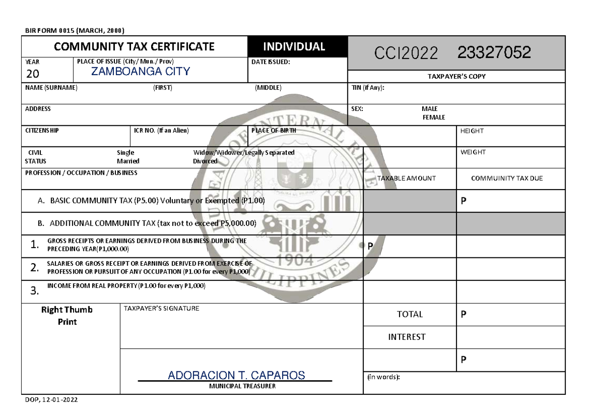 Community Tax Certificate Form BIR 0015 - Zamboanga City - Studocu