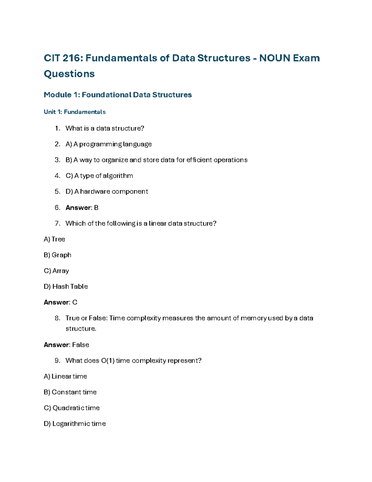 CIT 216: Exam Questions on Data Structures and Java Programming - Studocu