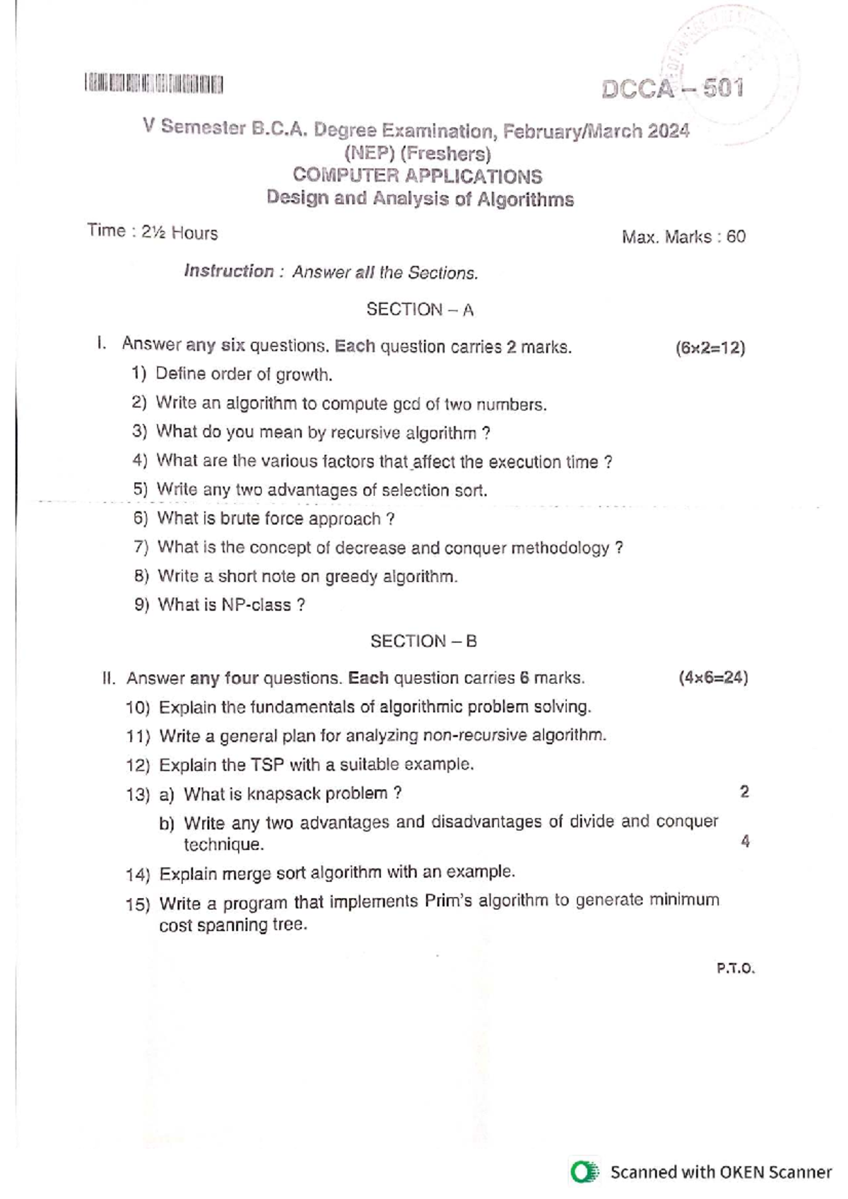 DCCA 501 V Semester B.C.A. Design & Analysis of Algorithms Exam 2024 ...