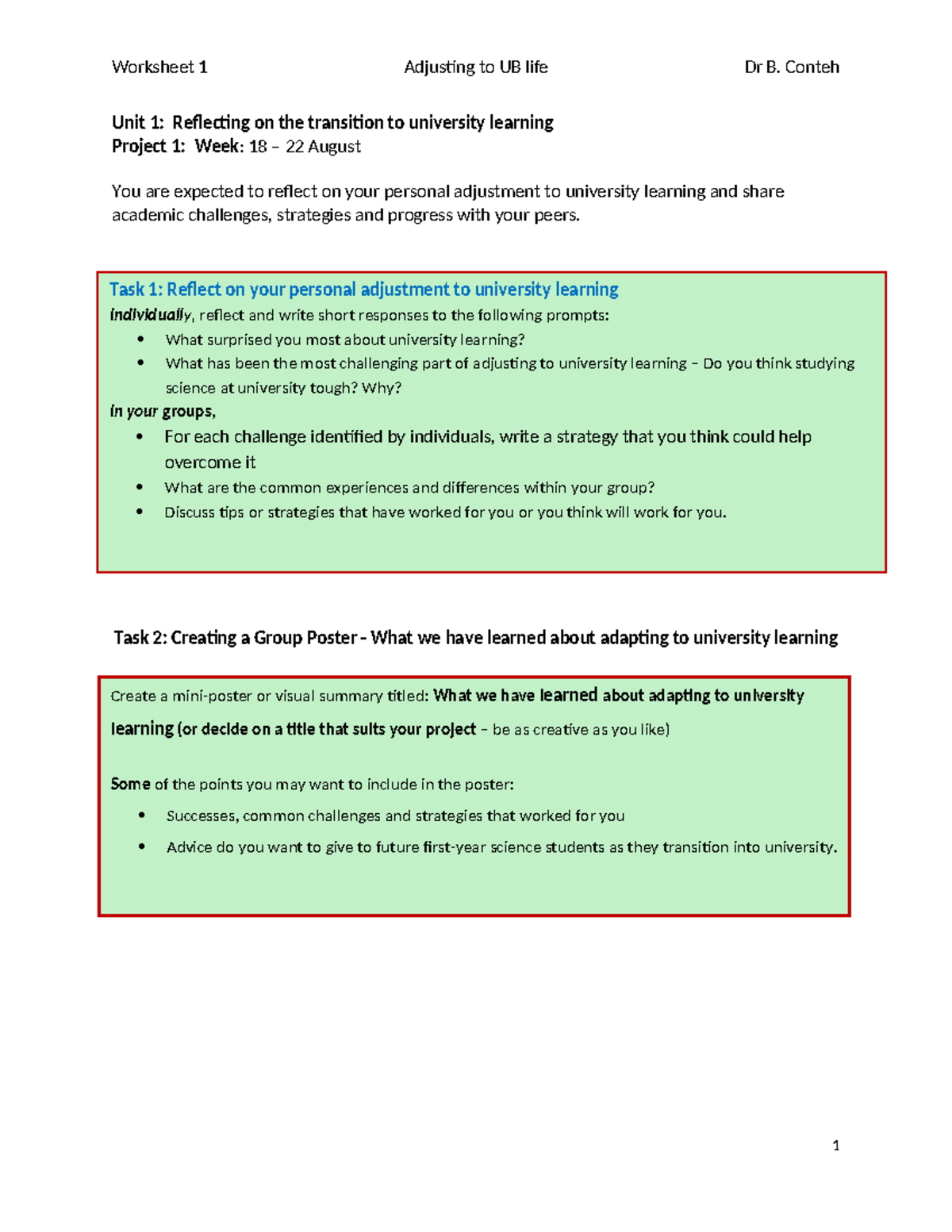 Unit 1: Reflecting on the Transition to University Learning - Studocu