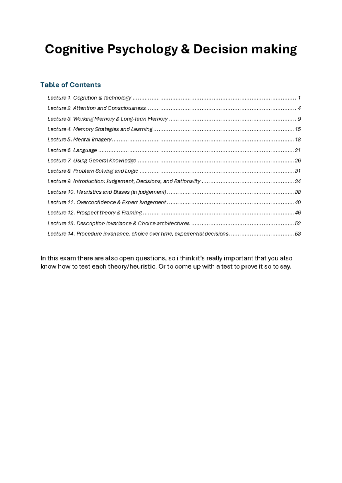 Cognitive Psychology (PSY 101) Lecture Notes: Decision Making & Memory ...