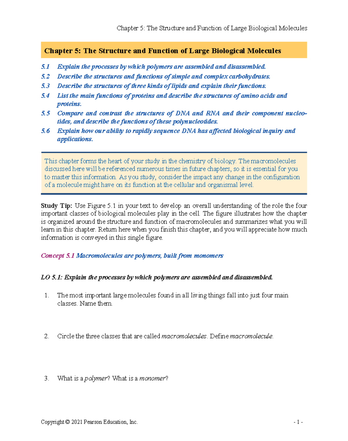 AP Bio Chapter 5 Study Guide: Biological Macromolecules & Functions ...