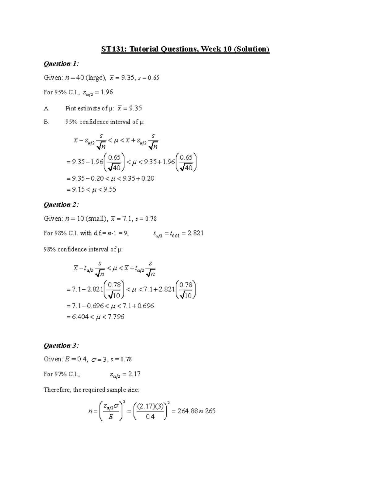 ST131: Week 10 Tutorial Questions Solutions and Confidence Intervals ...