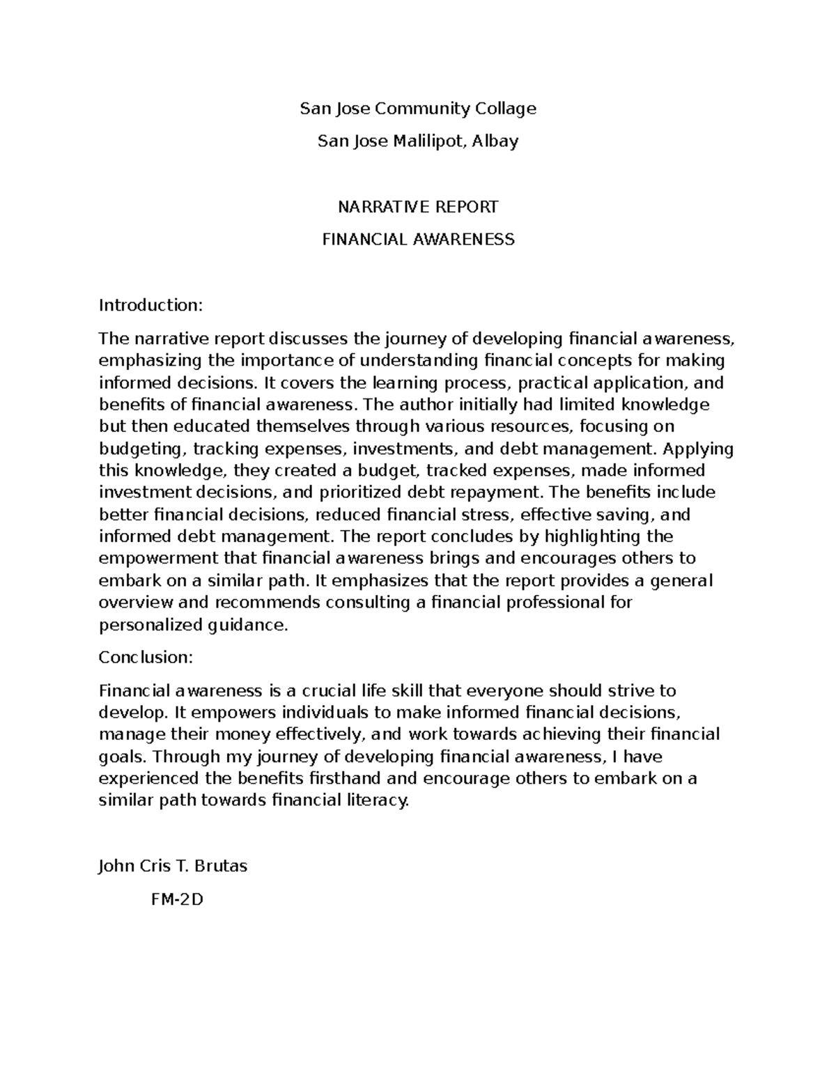 FM-2D Narrative Report on Developing Financial Awareness - Studocu