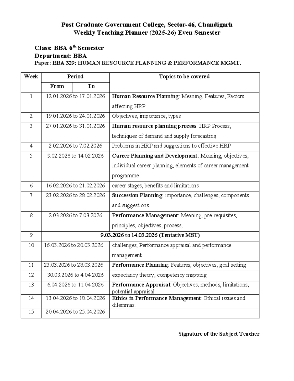 Human Resource Planning & Performance Management BBA 329 Weekly Planner ...