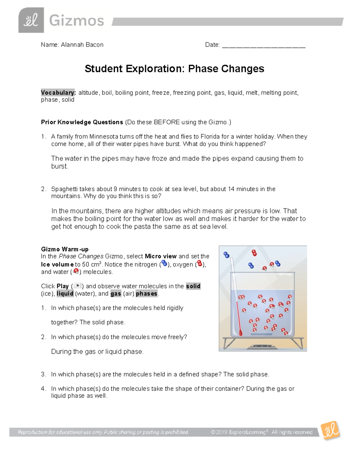 Phase Changes SE - Physical science gizmo - Name: Alannah Bacon Date