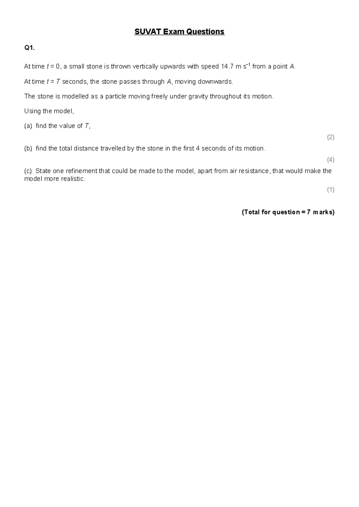 Y12 SUVAT Exam Questions: Vertical Motion Problems and Solutions - Studocu