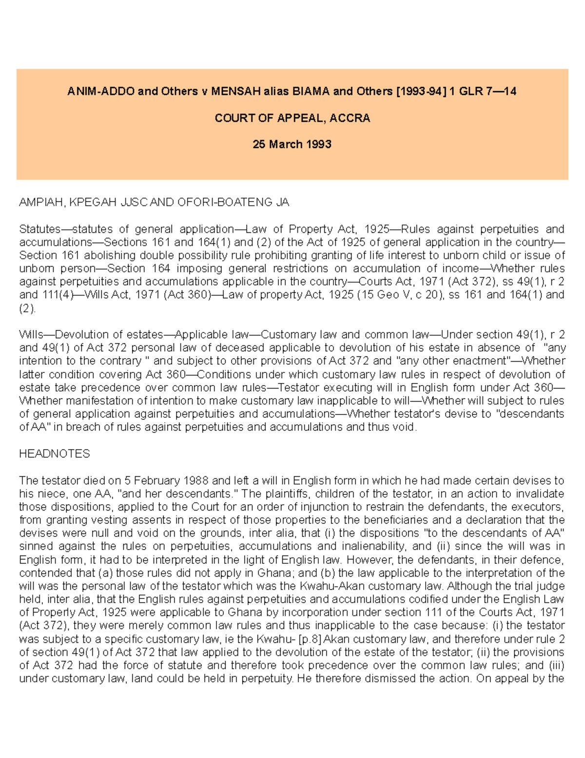 Anim Addo v Addae Mensah - ANIM-ADDO and Others v MENSAH alias BIAMA ...