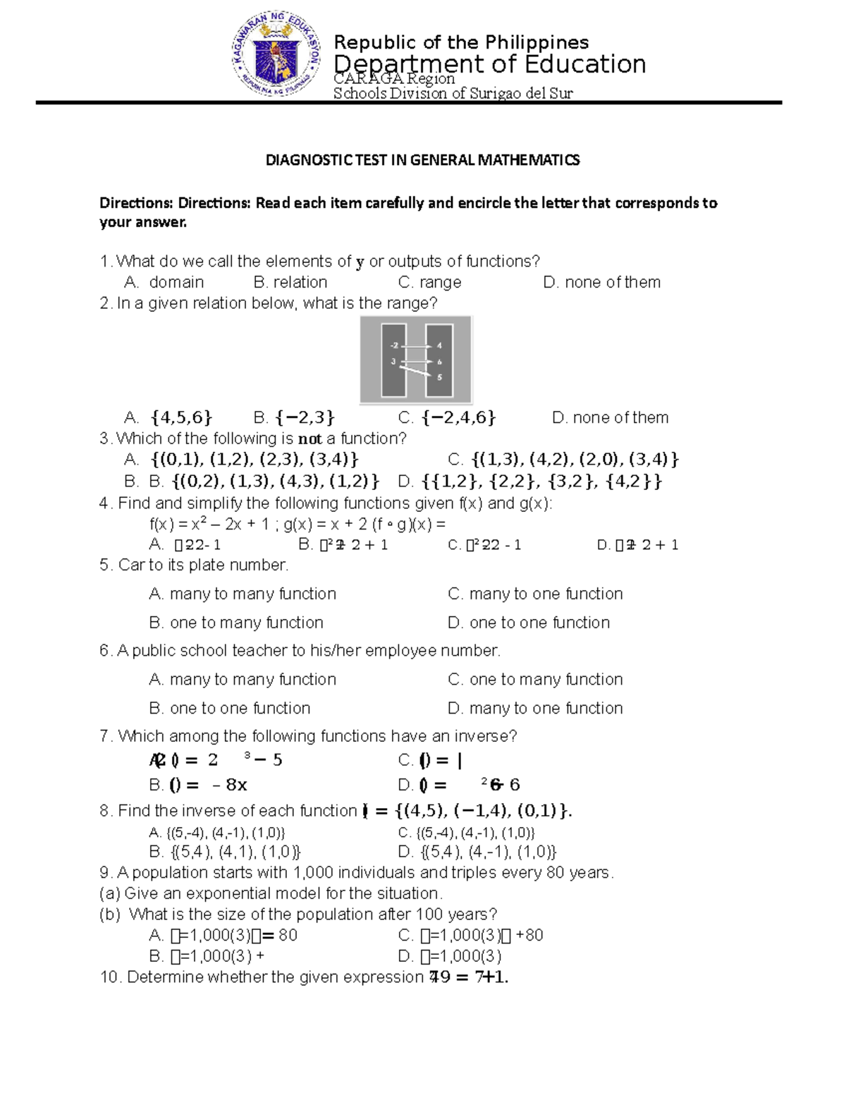 Diagnostic Test in Gen Math - Assessing Functions and Relations - Studocu