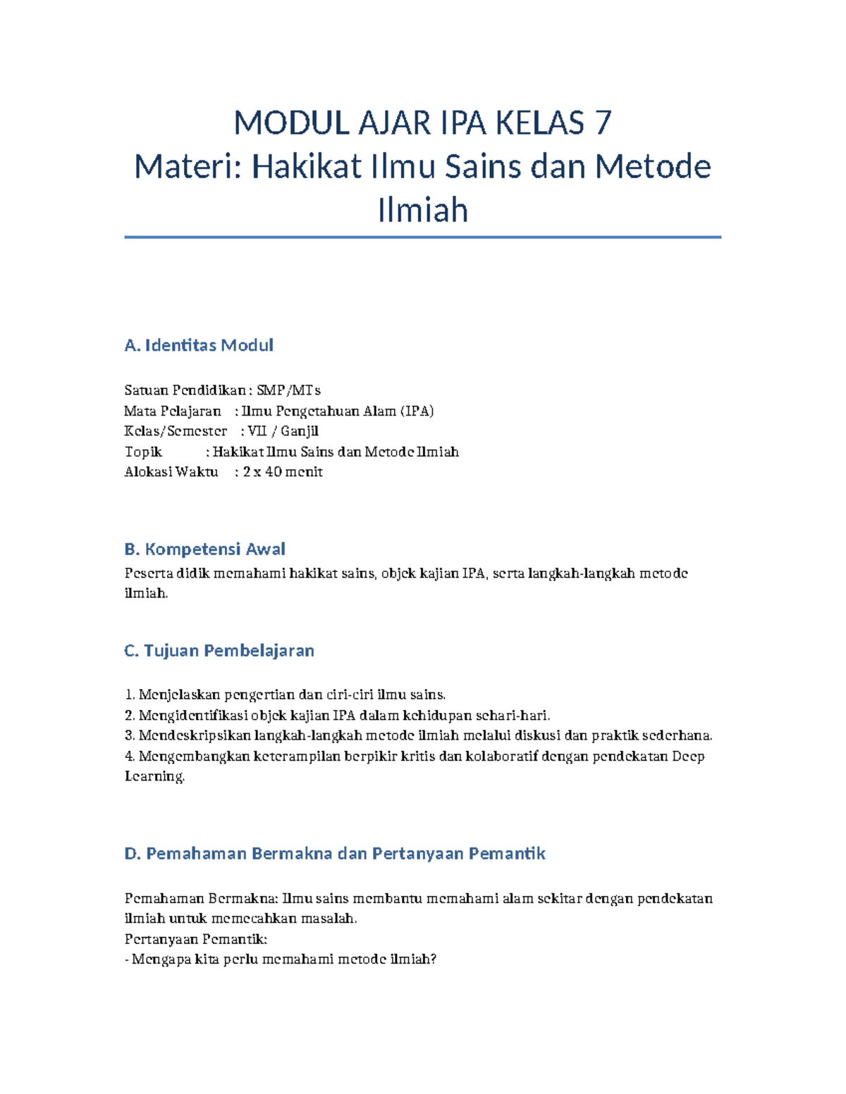 Modul Ajar IPA Kelas 7: Hakikat Ilmu Sains dan Metode Ilmiah - Studocu