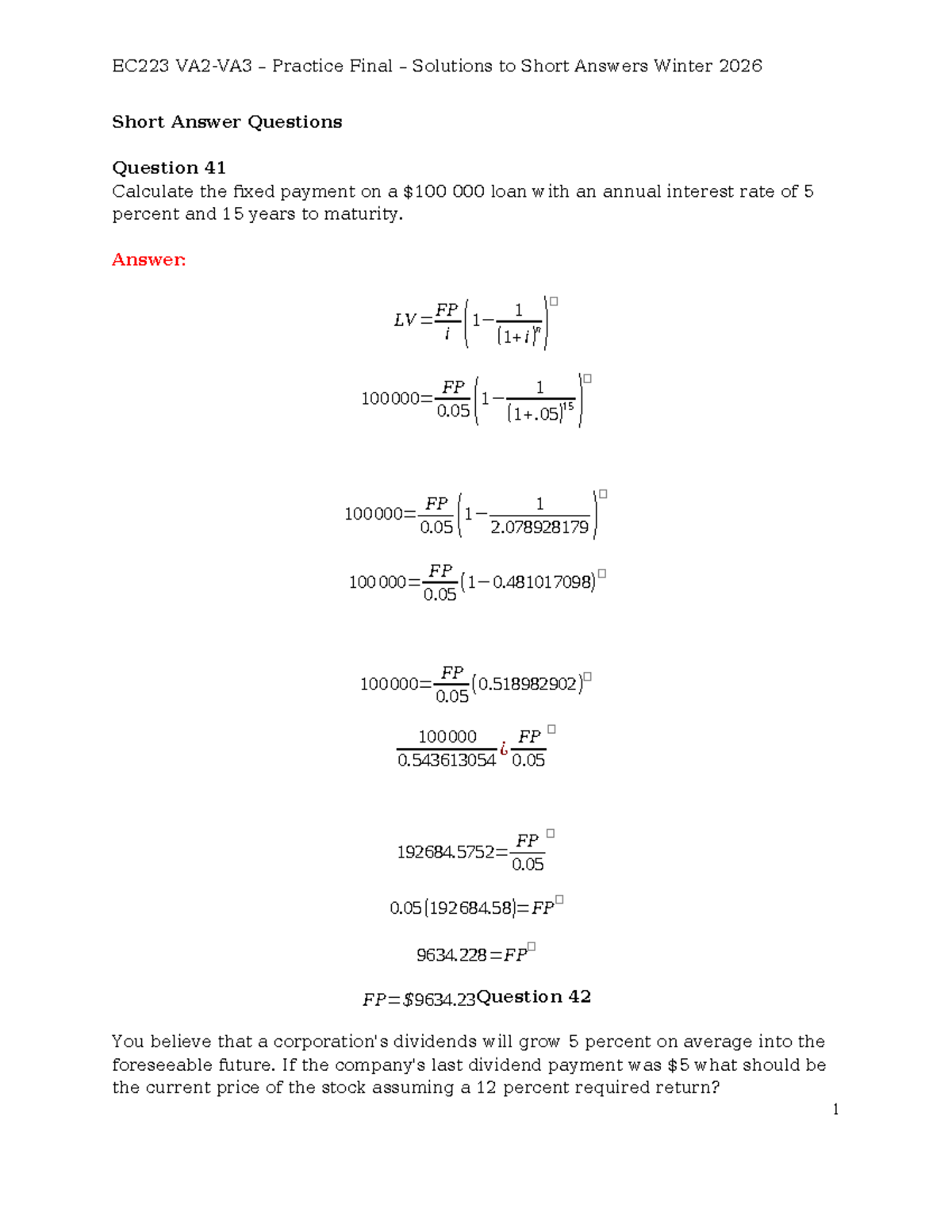 EC223 Practice Final Solutions to Short Answer Questions Winter 2026 ...