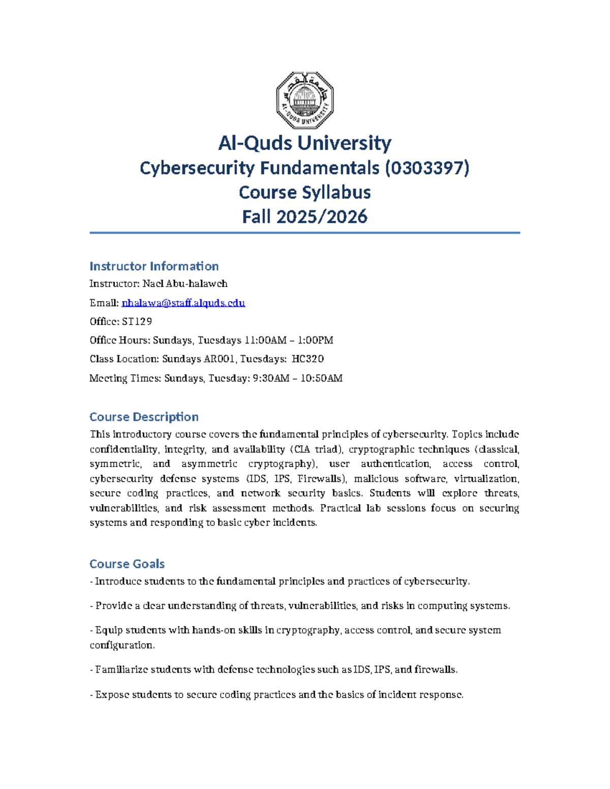 0303397 Cybersecurity Fundamentals Course Syllabus Fall - Studocu
