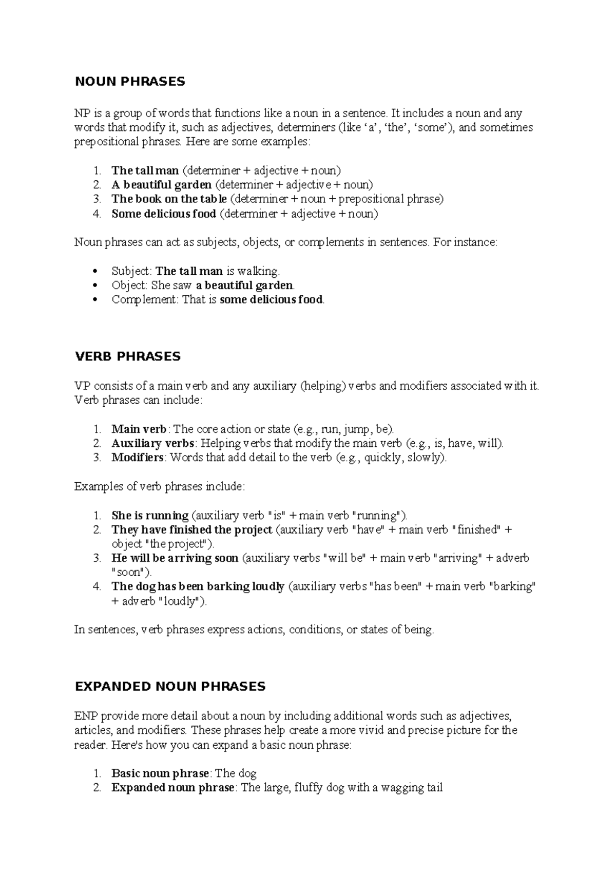NOUN PHRASES vs VERB PHRASES: Key Concepts and Examples - Studocu