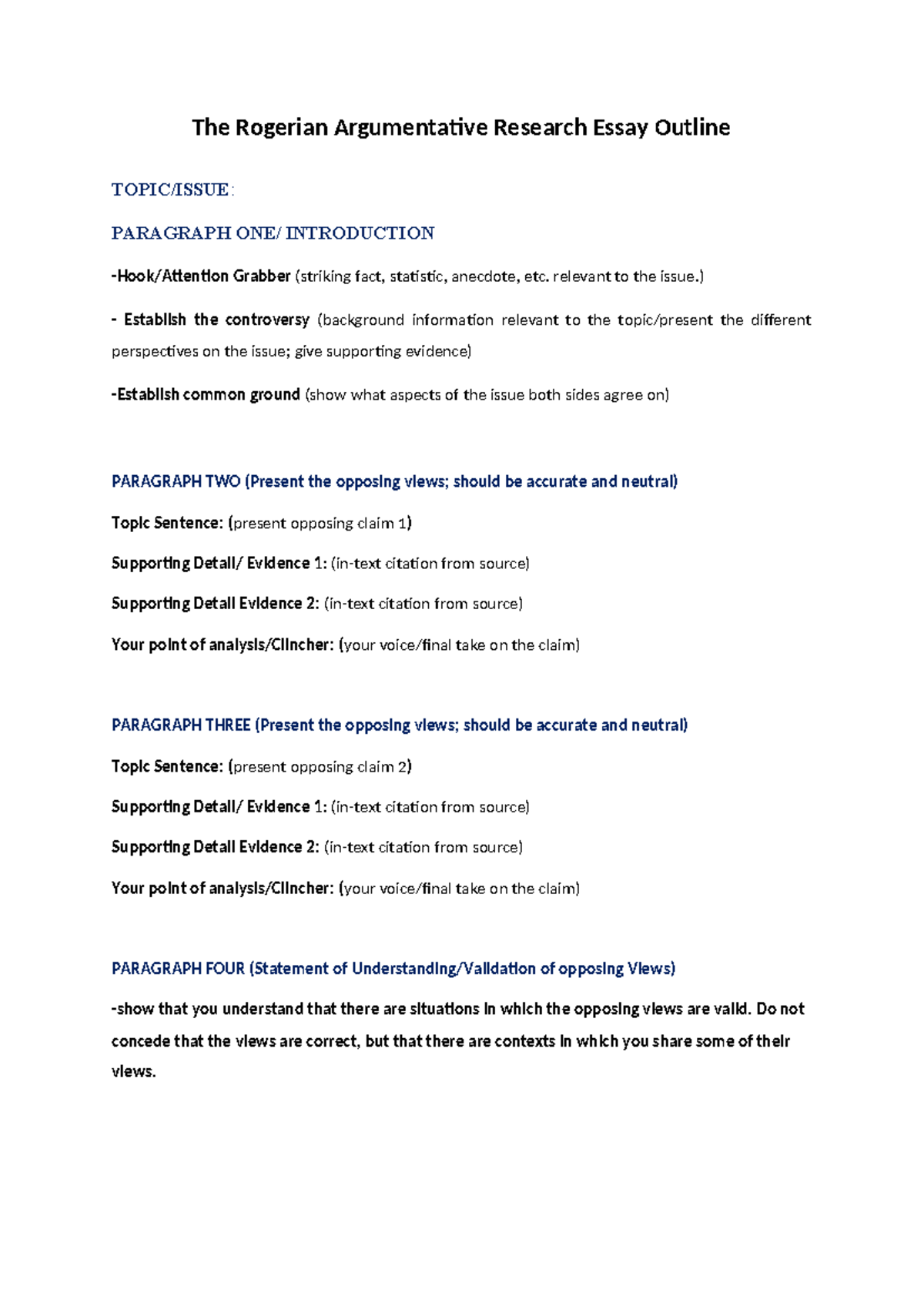 Rogerian Argumentative Research Essay Outline (ENG 101) - Studocu