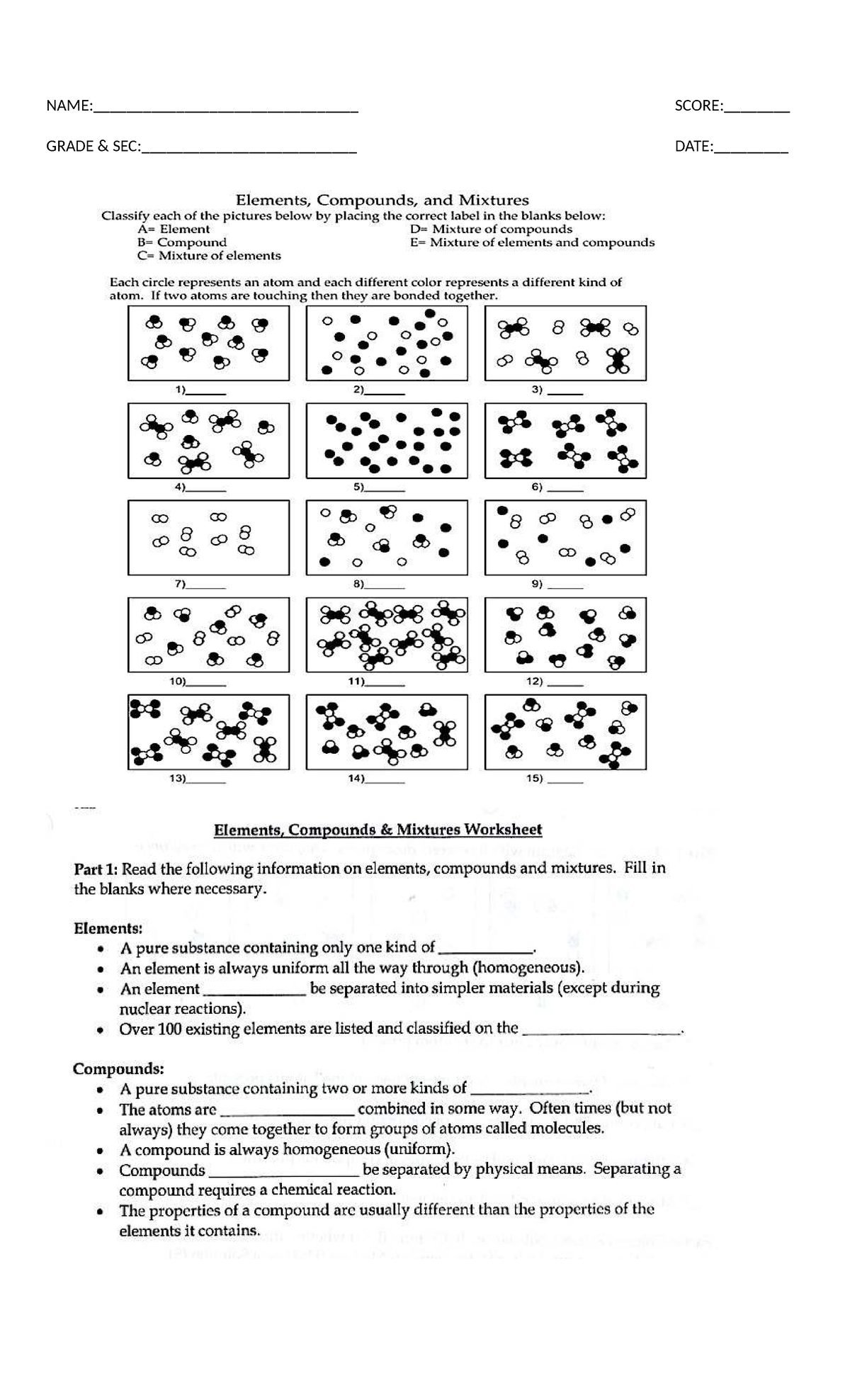 CHEM 101: Elements, Compounds, and Mixtures Worksheet - Studocu
