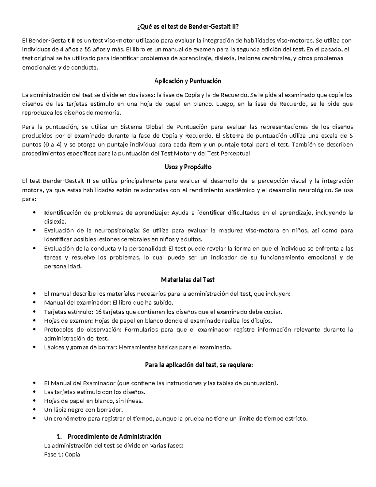 Test de Bender II: Evaluación de Integración Visomotora y Memoria - Studocu