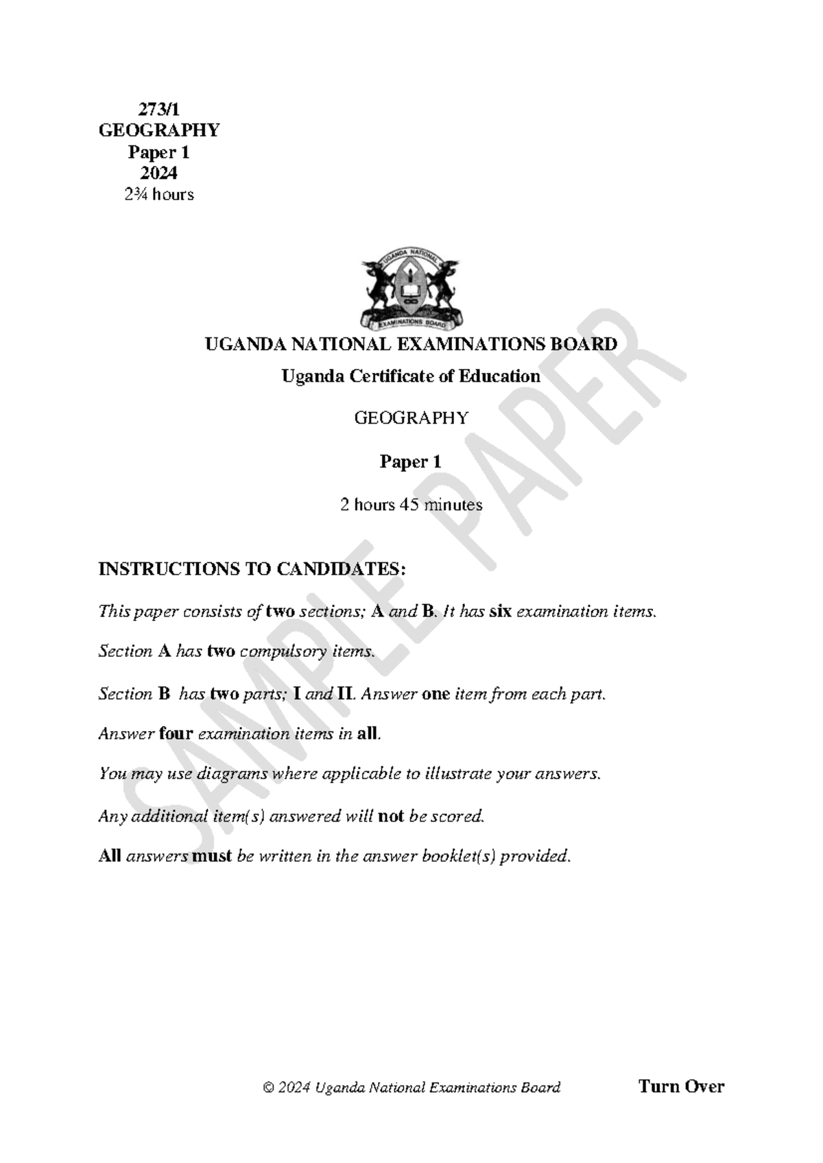 GEOGRAPHY Paper 1 Sample Exam 2024 - Uganda Certificate of Education ...
