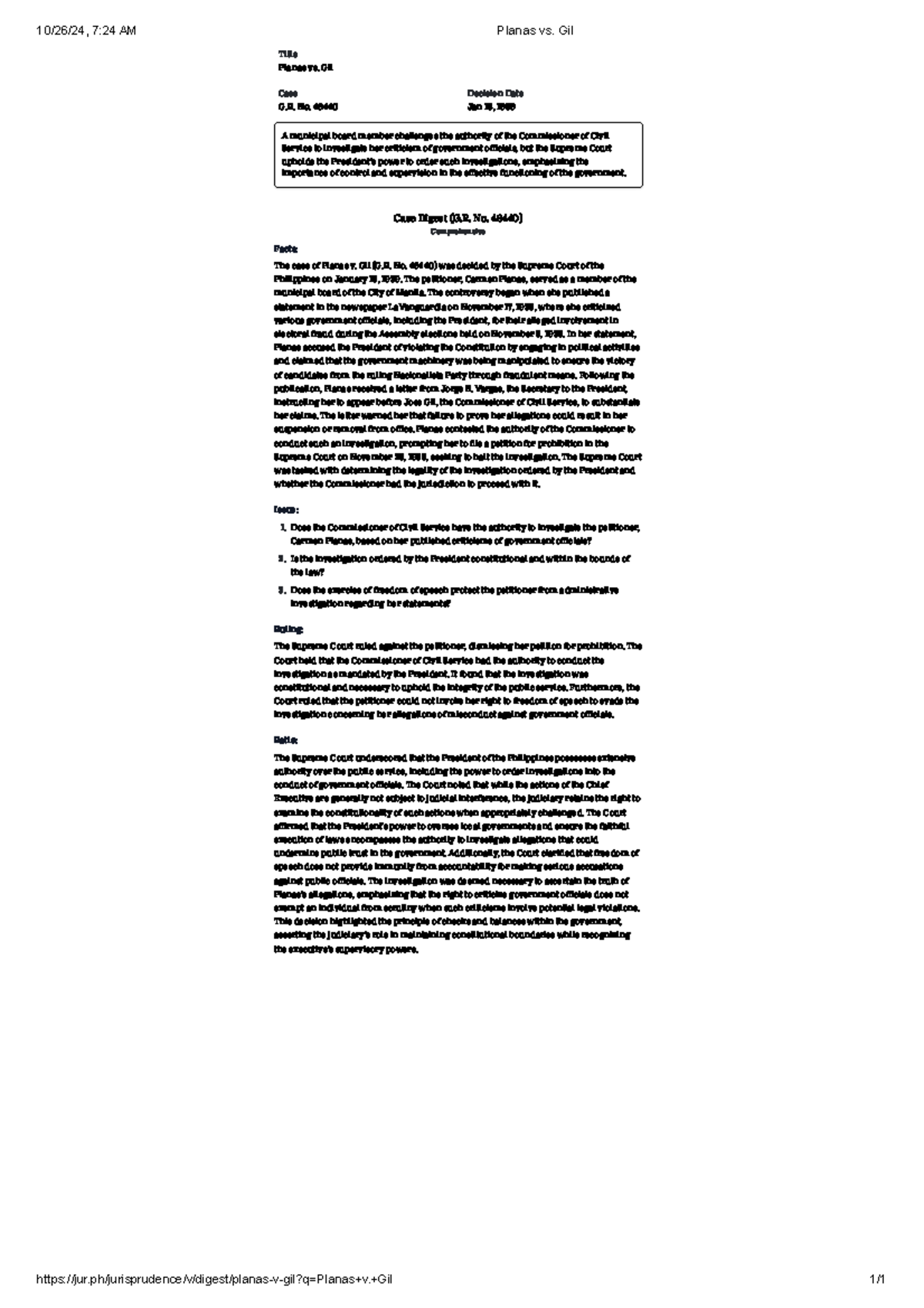 Planas vs. Gil Case Digest (G. No. 46440) - Legislative Authority ...