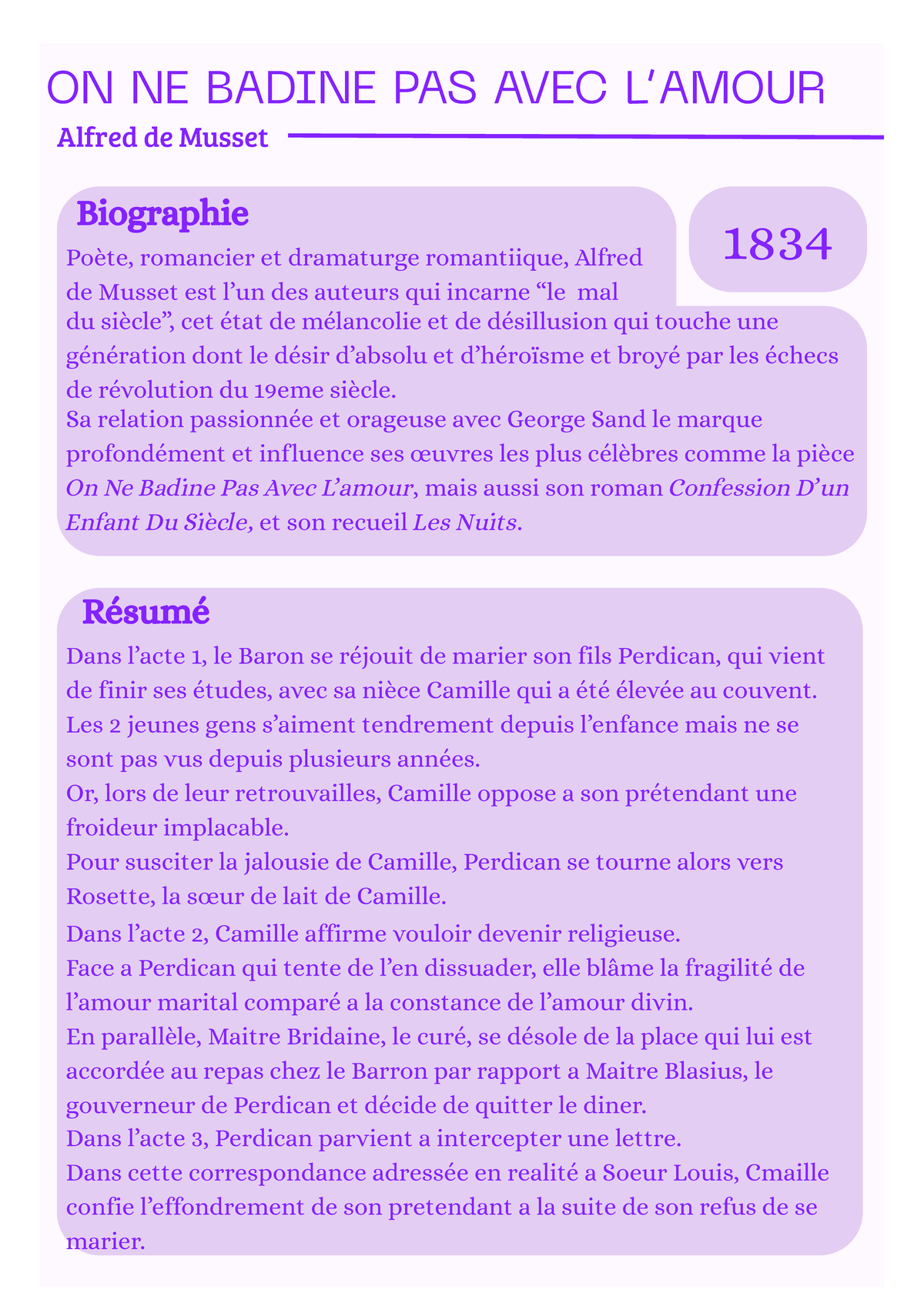 On ne badine pas avec l'amour - Fiche de révision Bac 1834 - Studocu