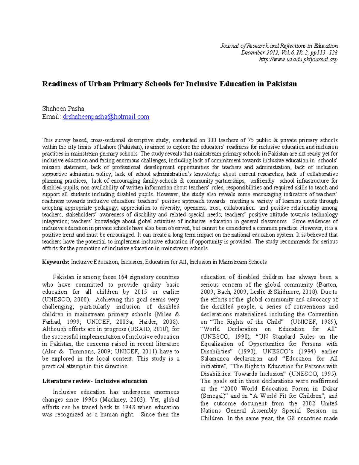Readiness of Urban Primary Schools for Inclusive Education in Pakistan ...