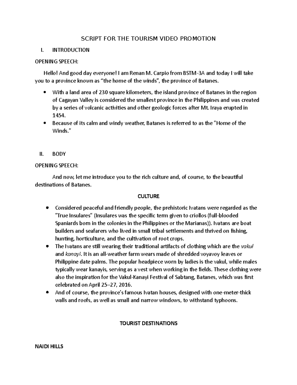 Script FOR THE Tourism Video Promotion - SCRIPT FOR THE TOURISM VIDEO ...