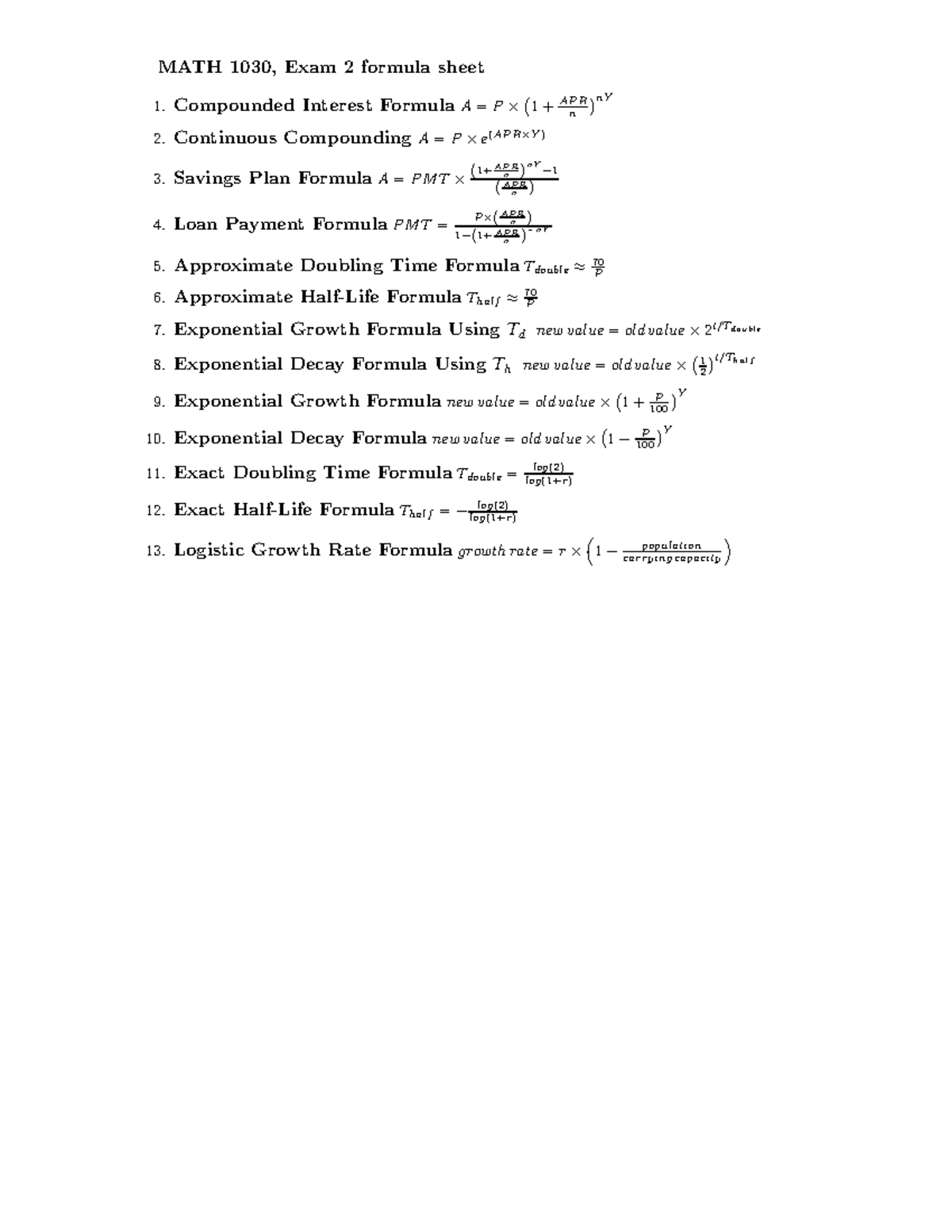 1030 equation sheet - Help with math - MATH 1030, Exam 2 formula sheet ...