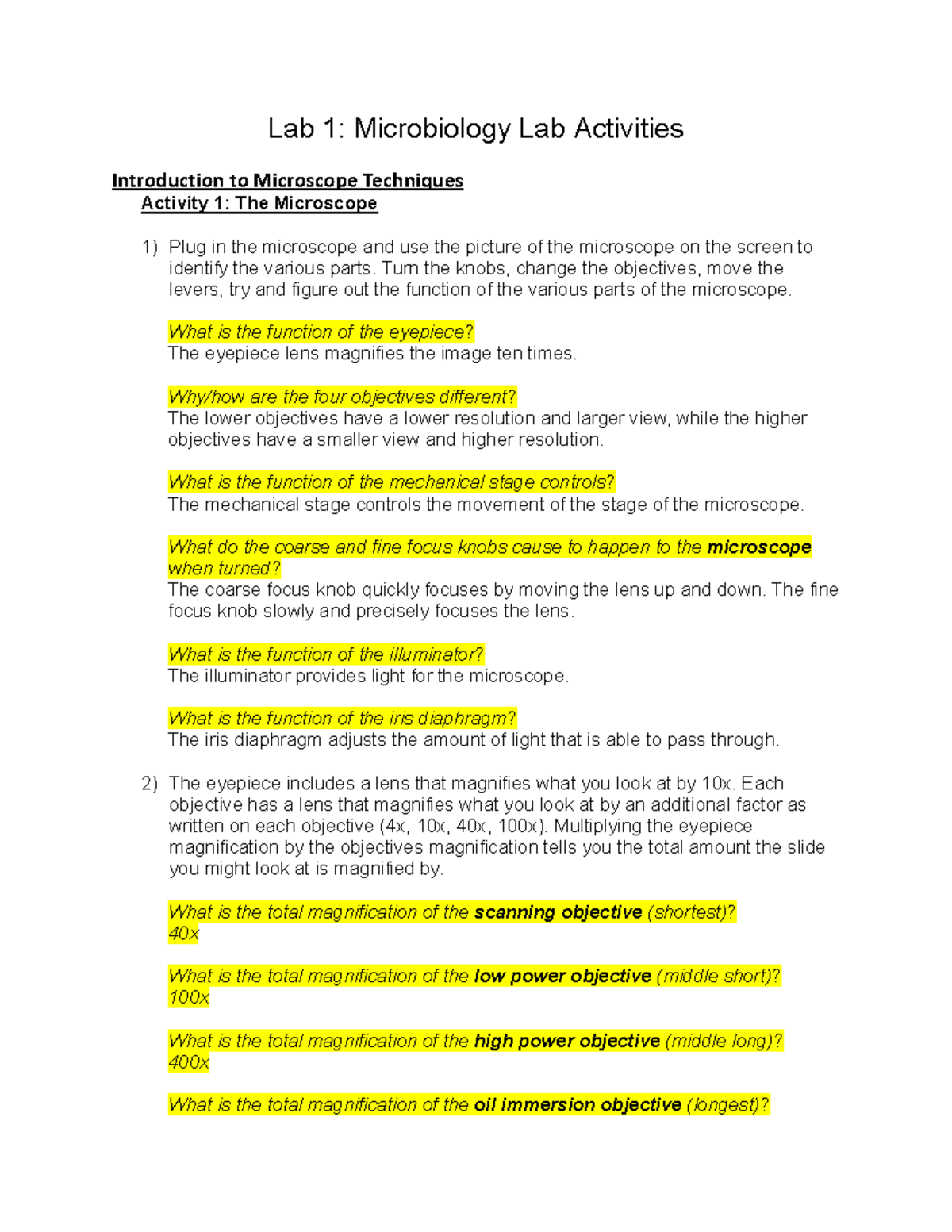Micro Lab 1: Techniques & Observations in Microscopy - Studocu