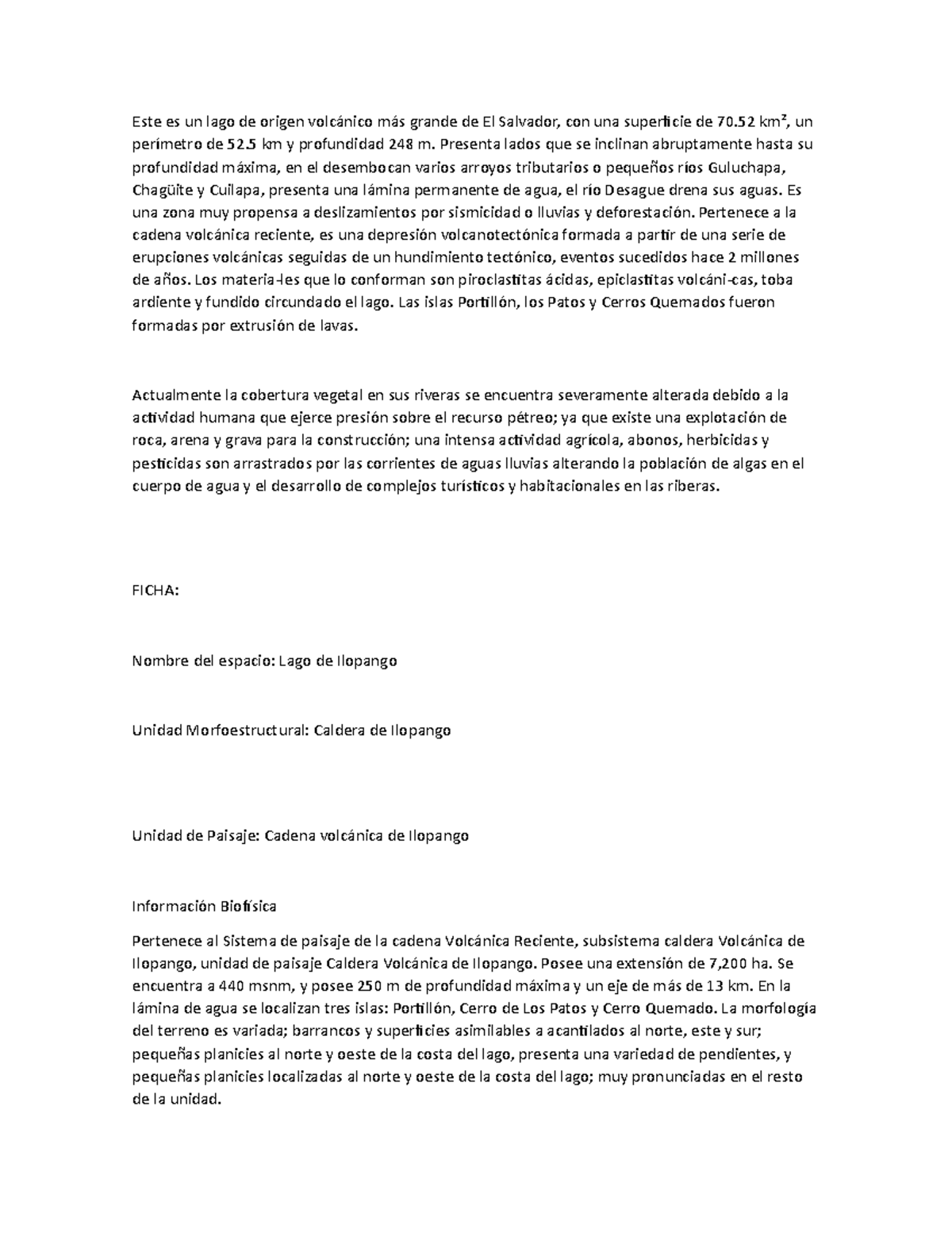 Ficha del Lago Ilopango (Caldera Volcánica) - Información Biofísica ...