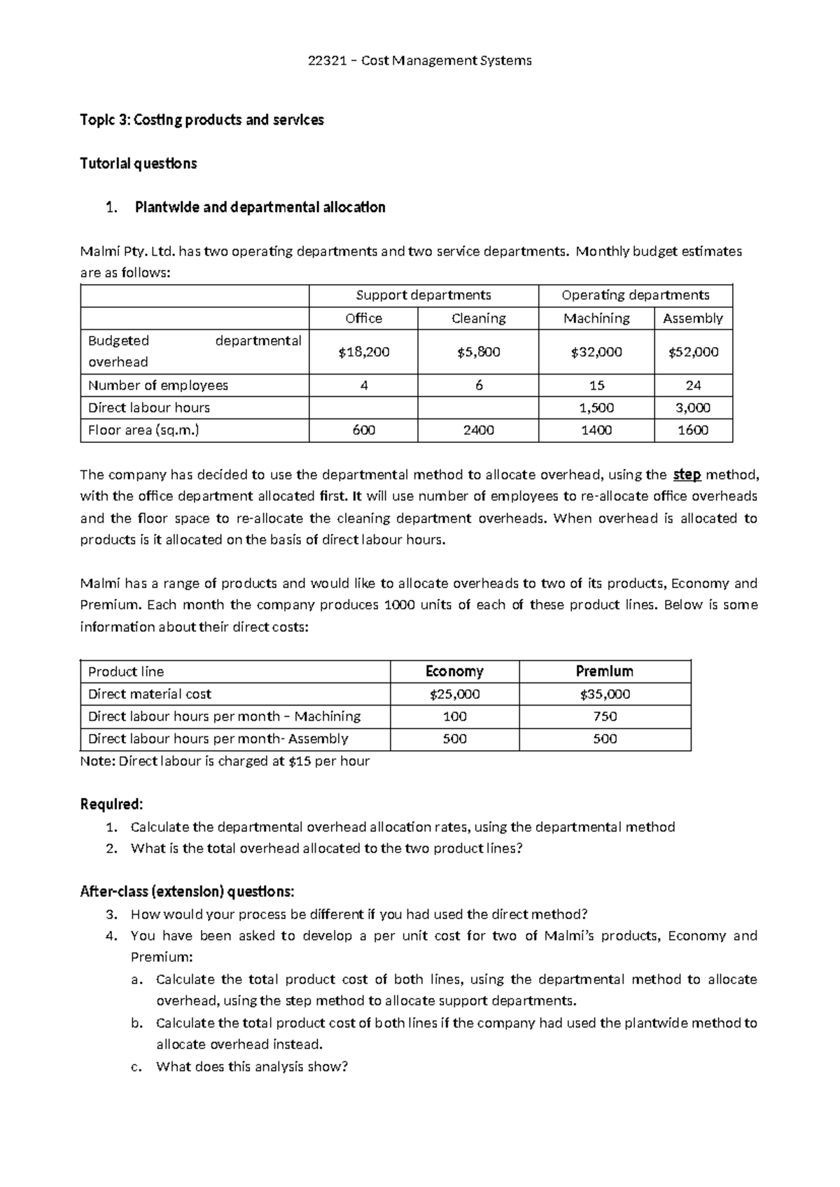 22321 Cost Management Systems: Topic 3 - Tutorial Questions on Cost ...