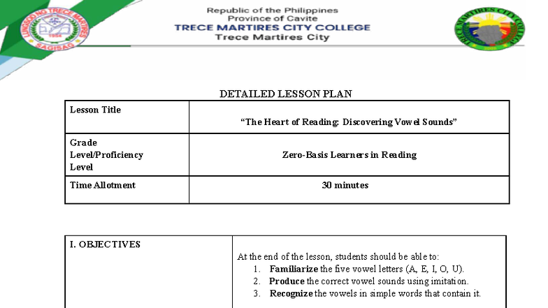 Grade Level Lesson Plan: Heart of Reading - Discovering Vowels - Studocu