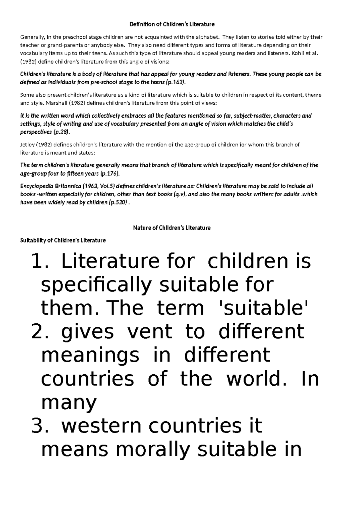 Exploring the Definition and Nature of Children's Literature 101 - Studocu