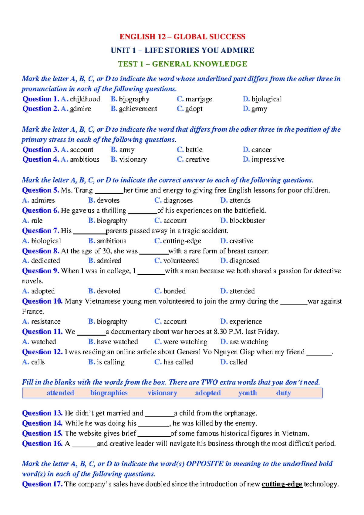 ENGLISH 12 - GLOBAL SUCCESS UNIT 1 TEST 1: LIFE STORIES QUIZ - Studocu