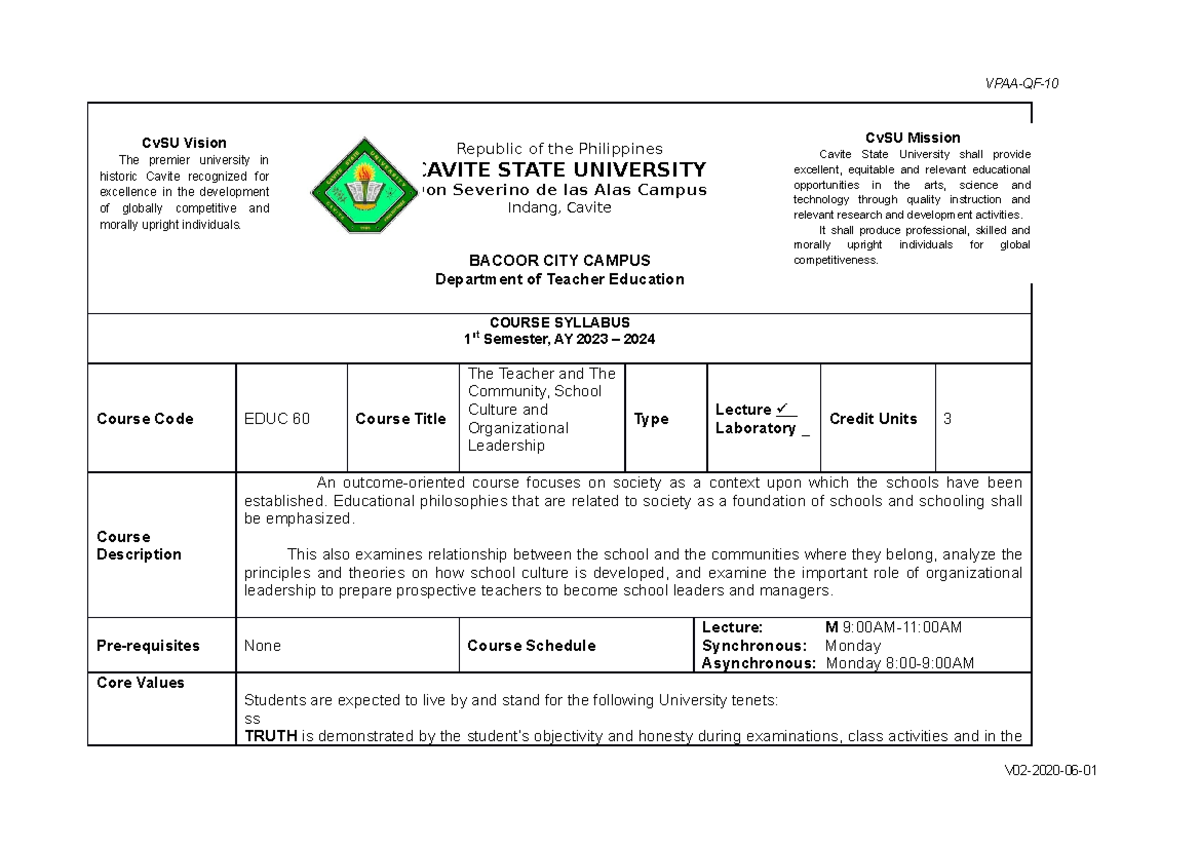 EDUC-60 BSE-1-1E: Comprehensive Course Syllabus for AY 2023-2024 - Studocu