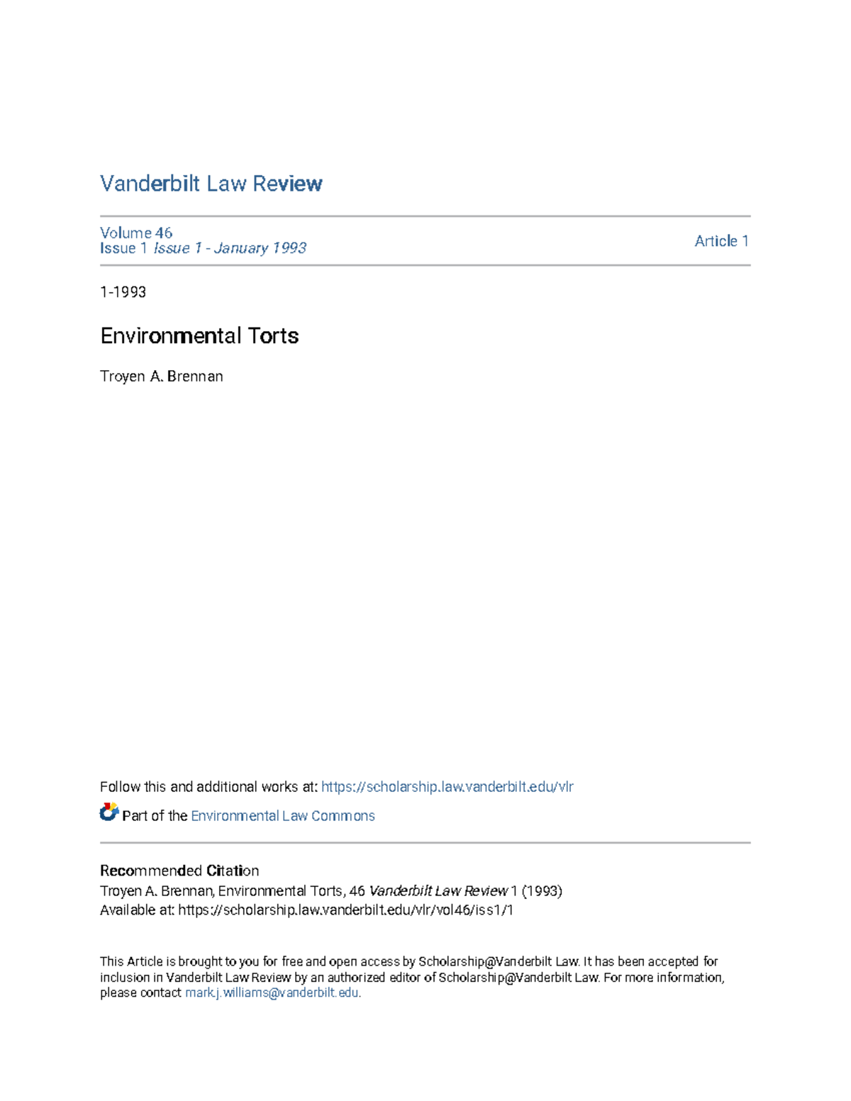 Vanderbilt Law Review 46:1 (Jan 1993) - Analysis of Environmental Torts ...
