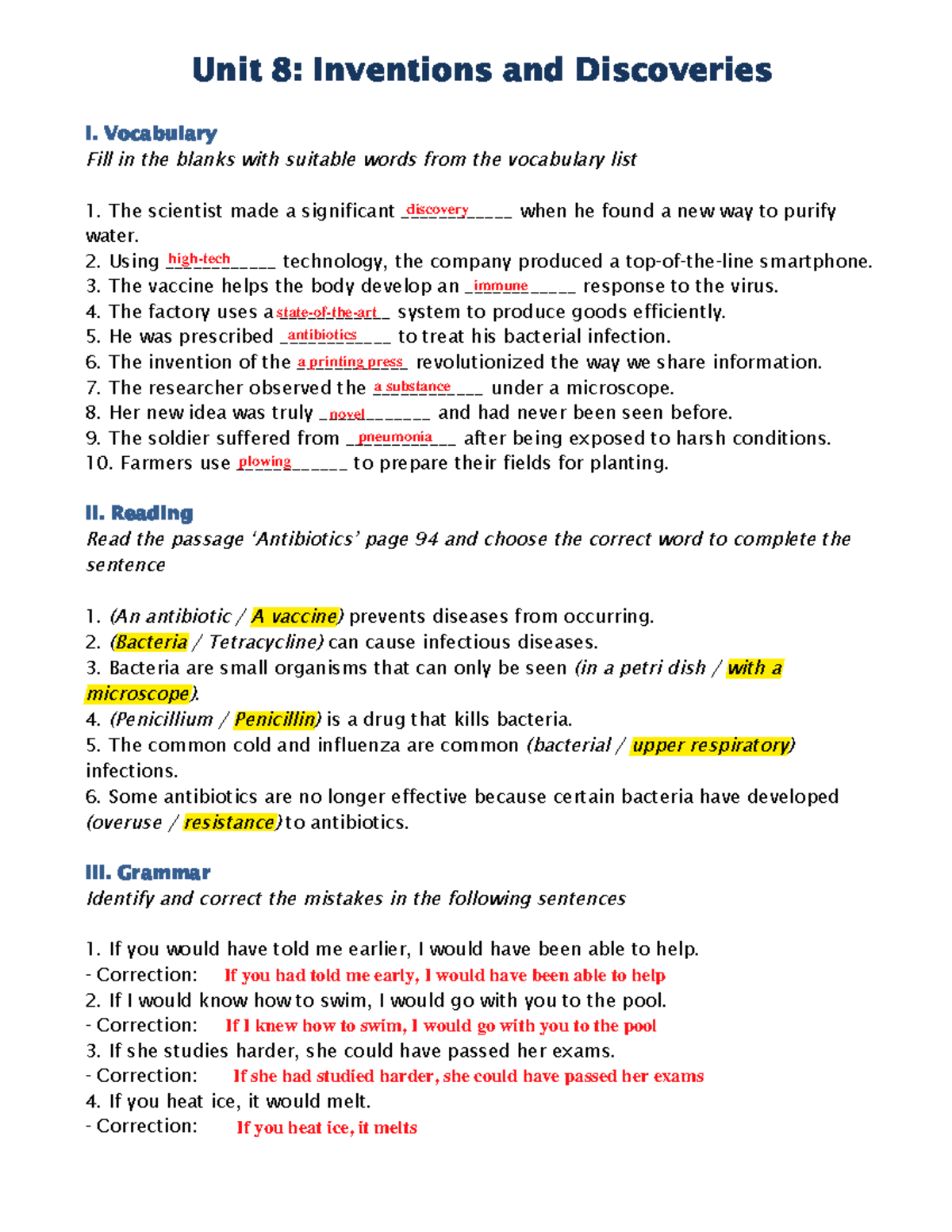 Unit 8: Inventions & Discoveries I - Vocabulary, Reading, Grammar - Studocu