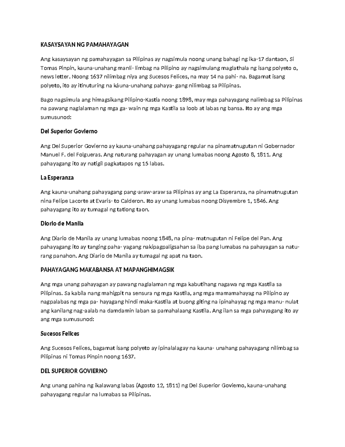 Pamamahayag 1-8 R-DOC - File - KASAYSAYAN NG PAMAHAYAGAN Ang kasaysayan ...
