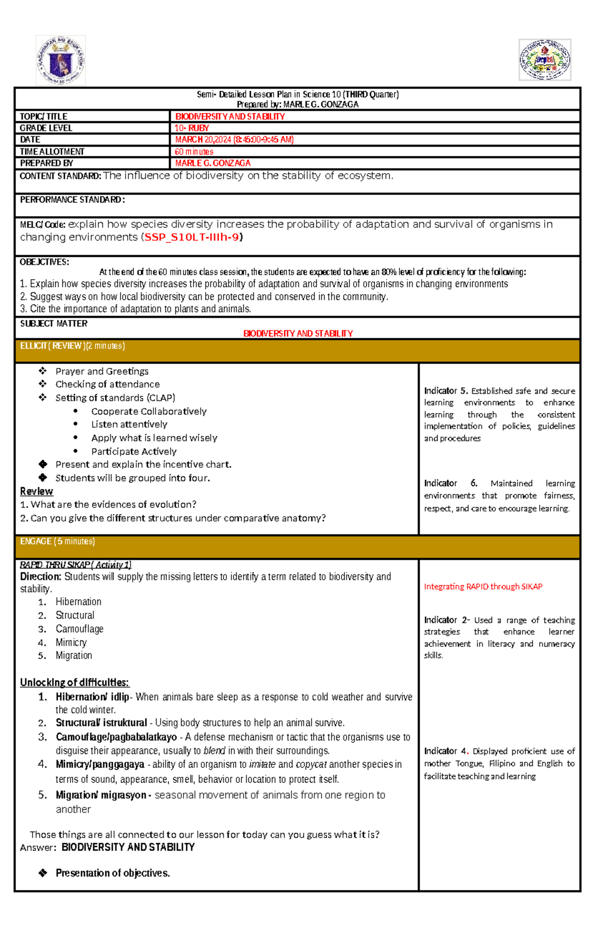 CO3 2023-2024 3rd Qtr Lesson Plan: Biodiversity & Ecosystem Stability ...